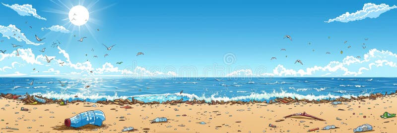 Seashore Pollution Garbage on Beach, Illustrating Environmental ...