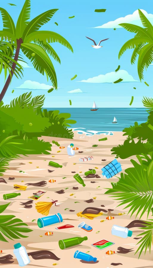 Seashore Pollution Garbage on Beach with Space for Text, Highlighting ...