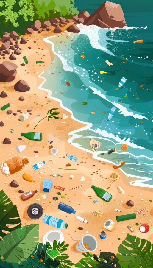 Seashore Pollution Garbage on Beach with Space for Text Placement ...