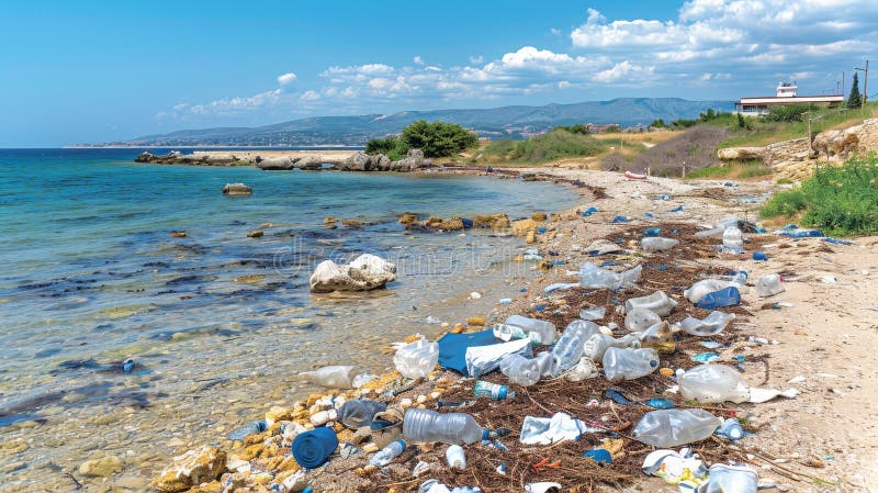 Seashore Pollution Scene with Scattered Garbage, Ideal for ...