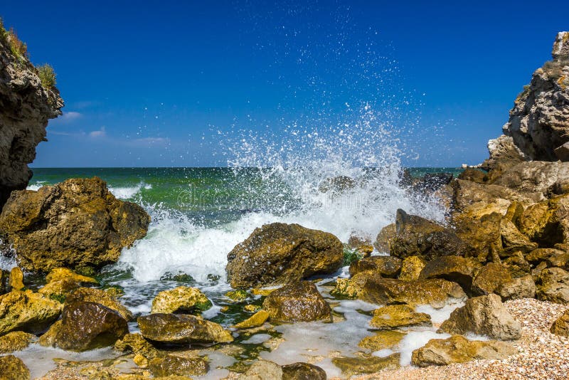 Seashore with Rocks and Splashing Waves Stock Image - Image of force ...