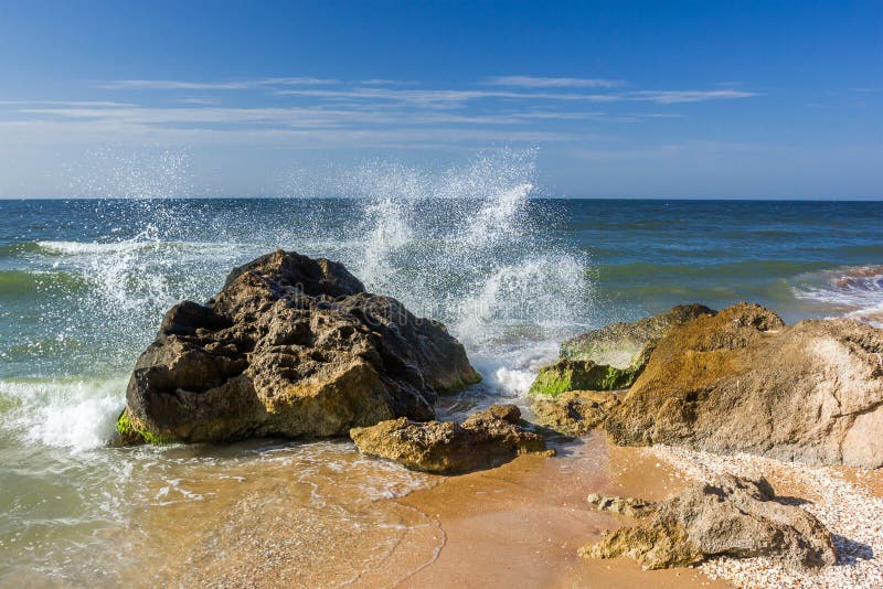 Seashore with Rocks and Splashing Waves Stock Image - Image of shore ...