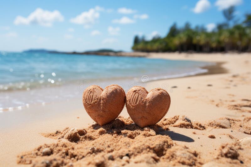 Seaside Affection Two Hearts Handwritten on Sandy Shore with Tranquil ...