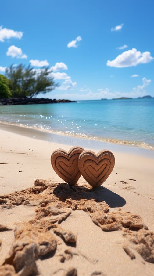 Seaside Affection Two Hearts Handwritten on Sandy Shore with Tranquil ...