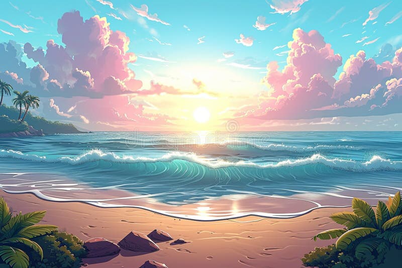 Seaside Bliss Cartoon Ocean, Waves, Sun, and Clouds in Sky Stock ...