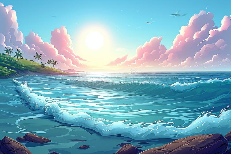 Seaside Bliss Cartoon Ocean, Waves, Sun, and Clouds in Sky Stock ...