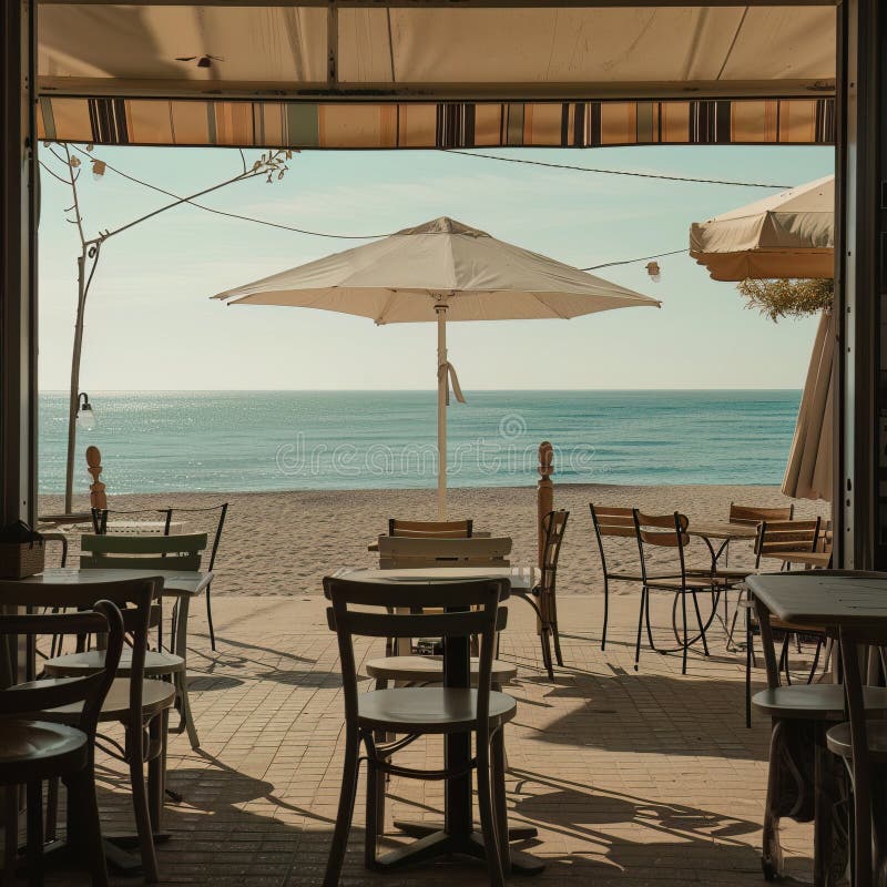 A Seaside Cafe with Empty Chairs and Tables Facing a Quiet Beach and a ...