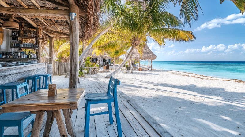 Seaside Cafe with Palm Trees, White Sand, and a Tranquil Sea Breeze ...