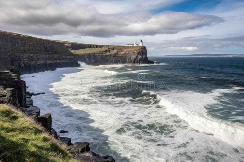 Seaside Cliff with Lighthouse and Waves Breaking on the Shore in the ...