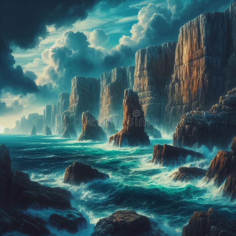 Seaside Cliffs Dramatic Rugged Forms and a Palette of Blues and Stock ...