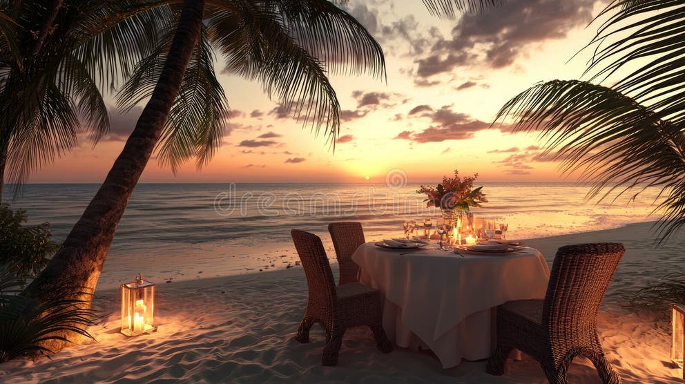 A Seaside Dinner at Sunset, with a Table Set for Two and Two Glasses at ...