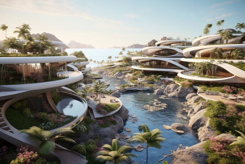 Seaside Ecofriendly Resort with Sustainable. Generative Ai Stock ...