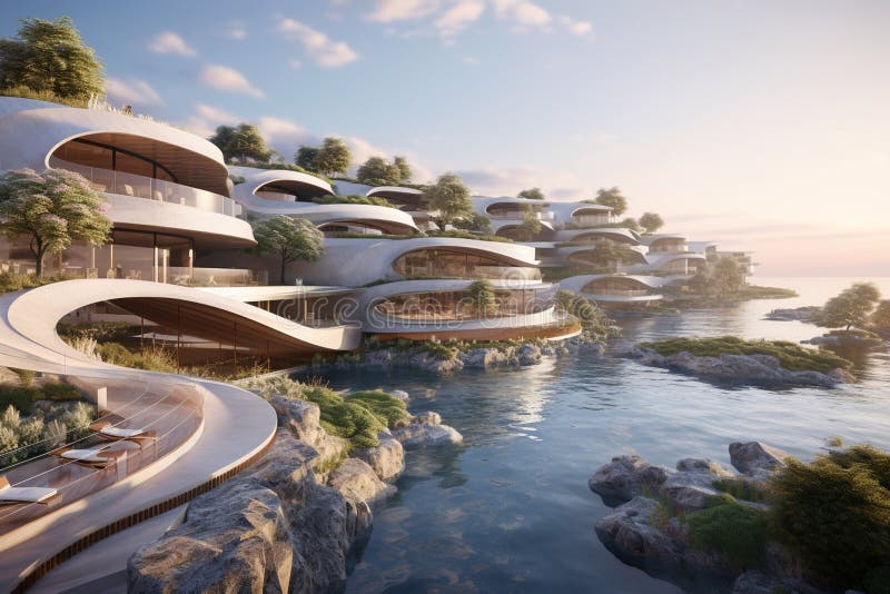 Seaside Ecofriendly Resort with Sustainable. Generative Ai Stock ...