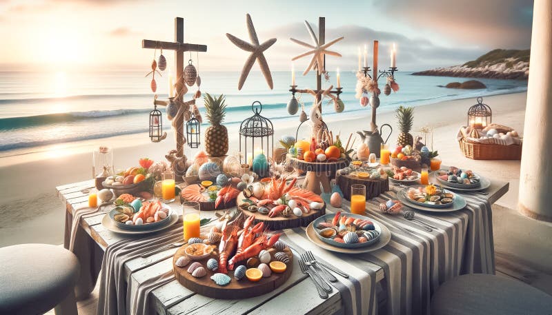 Seaside Feast at Sunset with Seafood and Tropical Fruits Stock Photo ...