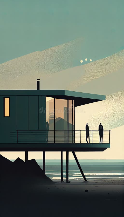 Seaside House at Night, Minimalistic Modern Illustration, AI Generative ...
