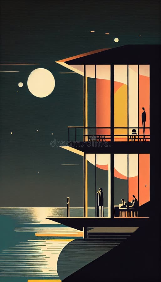 Seaside House at Night, Minimalistic Modern Illustration, AI Generative ...