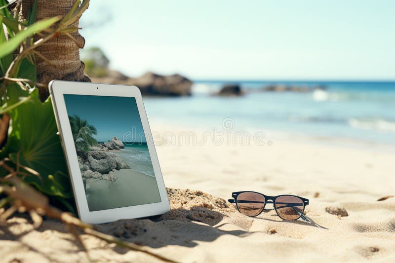 Seaside Interaction Close Up of Digital Tablet Against the Stunning ...