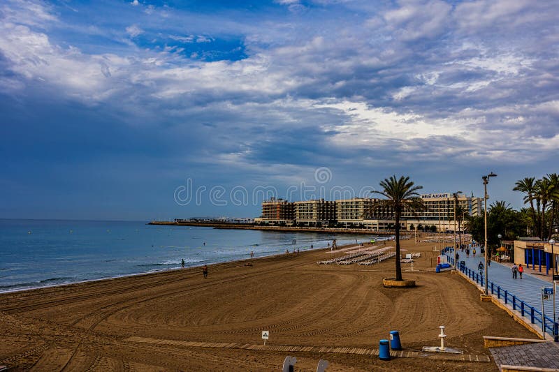 Seaside Landscape Empty Beach Postiguet in Spain Alicante Stock Image ...
