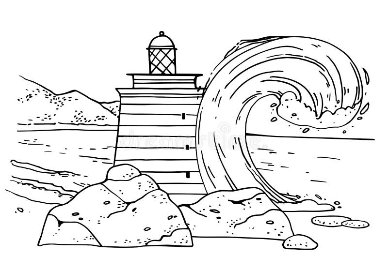 Seaside Landscape with Lighthouse and Wave. Hand Drawn Outline Vector ...