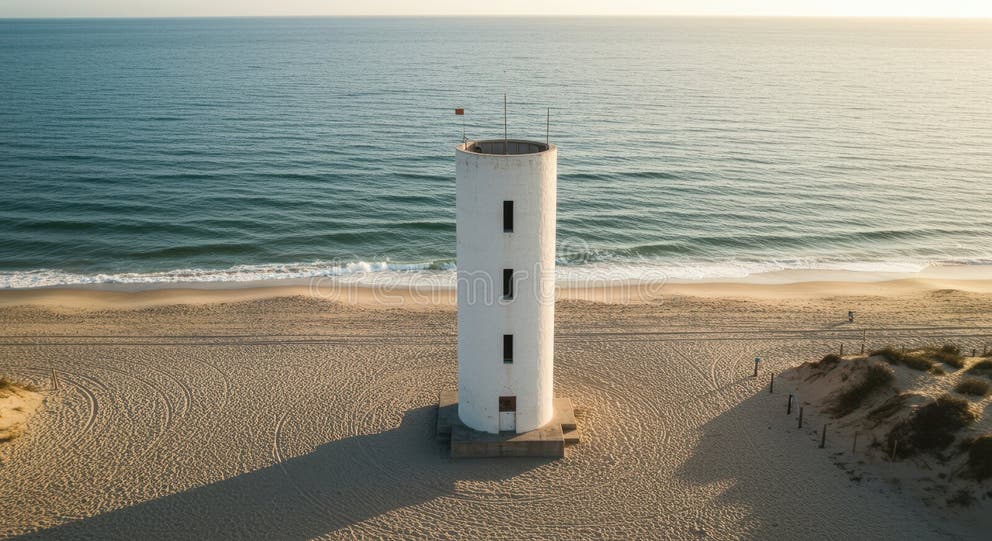 Seaside Lighthouse at Sunset on a Sandy Beach with Calm Ocean Waves ...