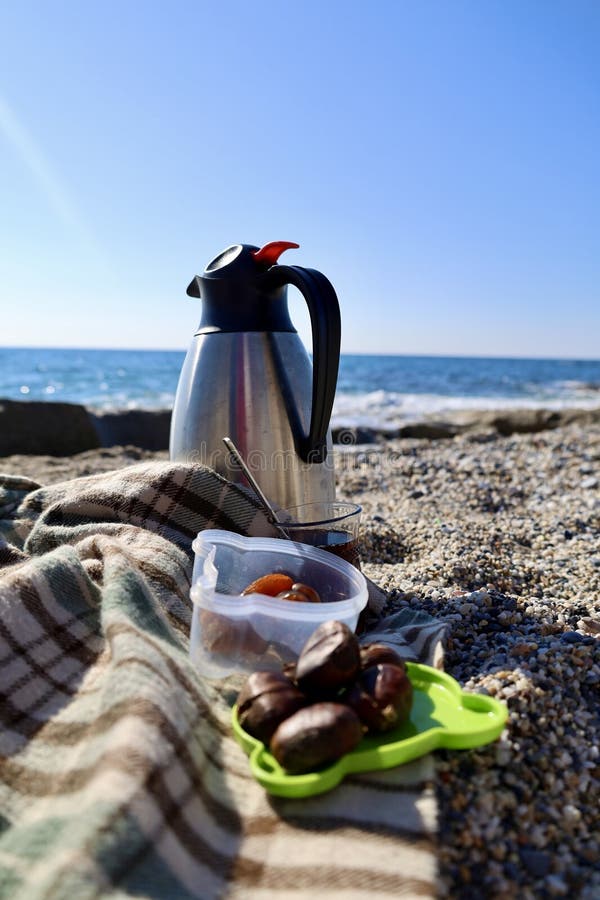 Seaside picnic thermos stock image. Image of drink, cliff - 353991153