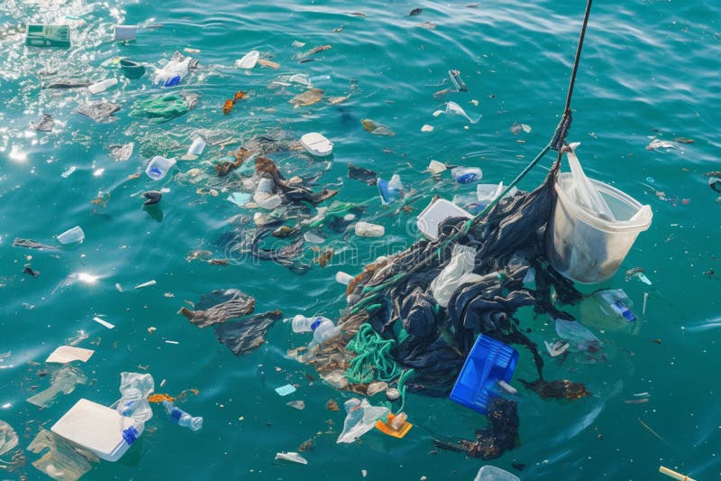 Seaside Pollution Depicted through Floating Garbage, Highlighting ...