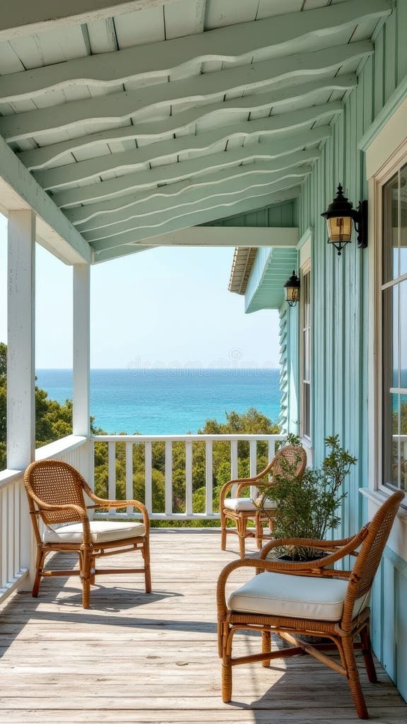 Seaside Porch with Wicker Chairs Overlooking Ocean View and Greenery ...