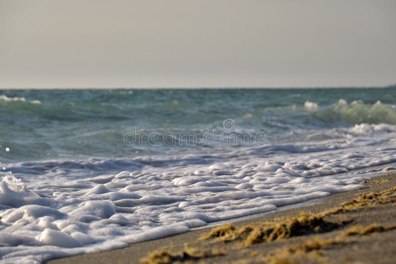 Seaside Sand Beach with Foamy Waves Crushing on Shore Stock Image ...