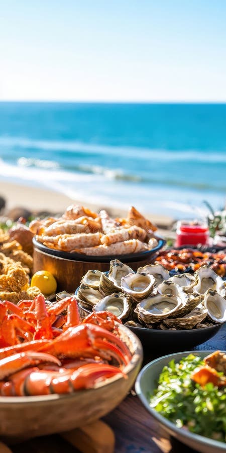 Seaside Seafood Feast with Oysters and Crabs Under a Clear Blue Sky ...