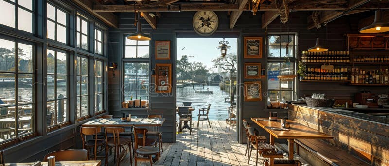 Seaside Seafood Restaurant with Dockside Views and Nautical Decor Stock ...