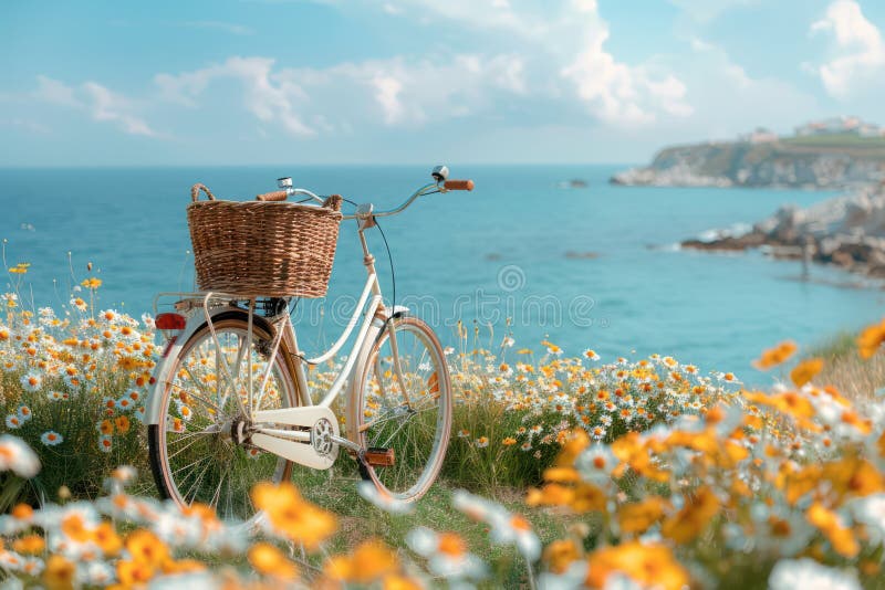 Seaside Serenity: Bicycle Adorned with Flowers Against Beautiful Ocean ...