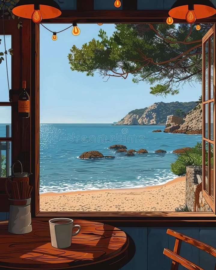 Seaside Serenity from a Cozy Cafe Stock Illustration - Illustration of ...