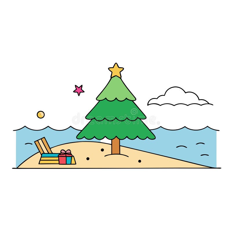 Seaside Serenity. Majestic Christmas Tree at the Beach Stock Vector ...