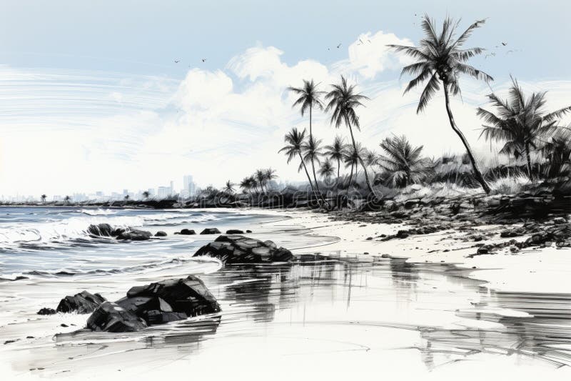 Seaside Sketch Palm Tree Image Traced on Sandy Shore, a Natural Beach ...