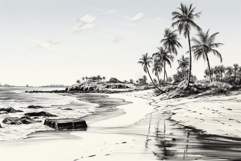 Seaside Sketch Palm Tree Image Traced on Sandy Shore, a Natural Beach ...