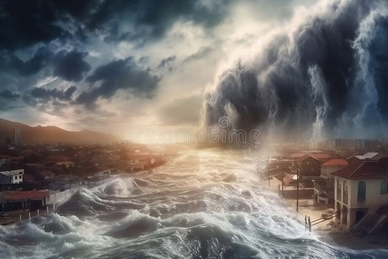 Seaside Town Struck by Tsunami Apocalyptic and Dramatic Scene ...