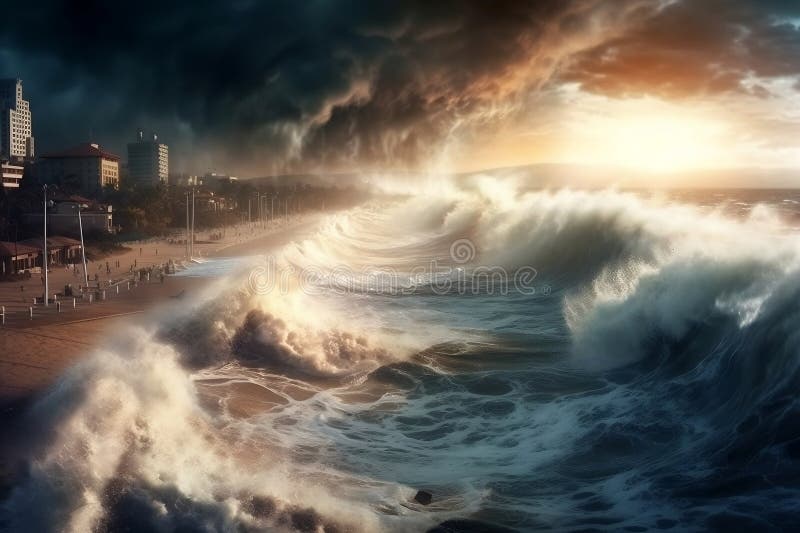 Seaside Town Struck by Tsunami Apocalyptic and Dramatic Scene ...