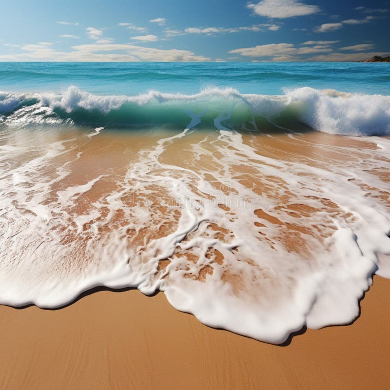 Seaside Tranquility Soft Wave Graces Sandy Beach, Captured from Top ...