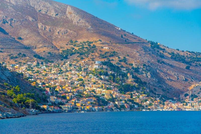 Seaside View of Greek Island Symi Stock Photo - Image of landmark, rock ...