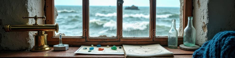 Seaside Window with Nautical Instruments and Waves Stock Image - Image ...