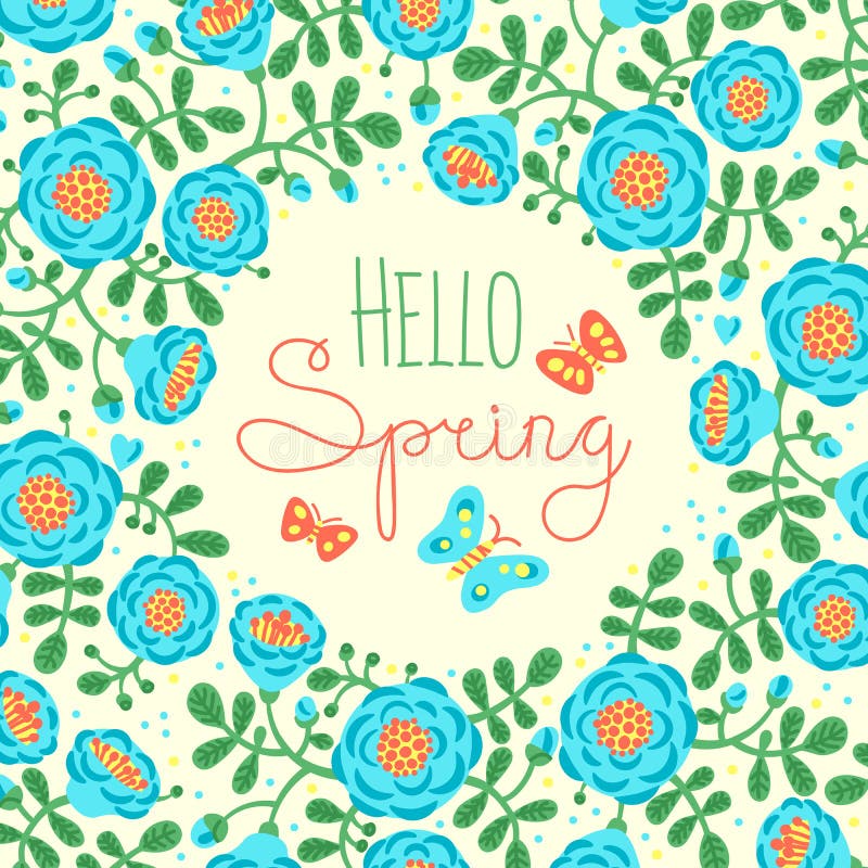 Season Card Hello Spring with Cute Flowers and Stock Vector ...