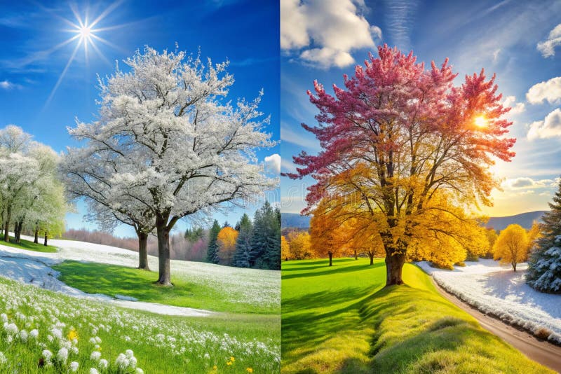 Season Change from Winter To Spring Stock Illustration - Illustration ...