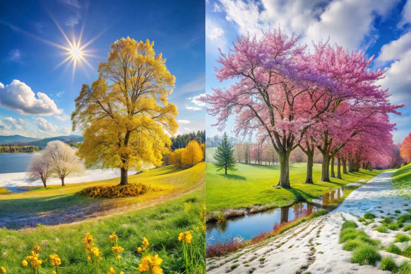 Season Change from Winter To Spring Stock Illustration - Illustration ...