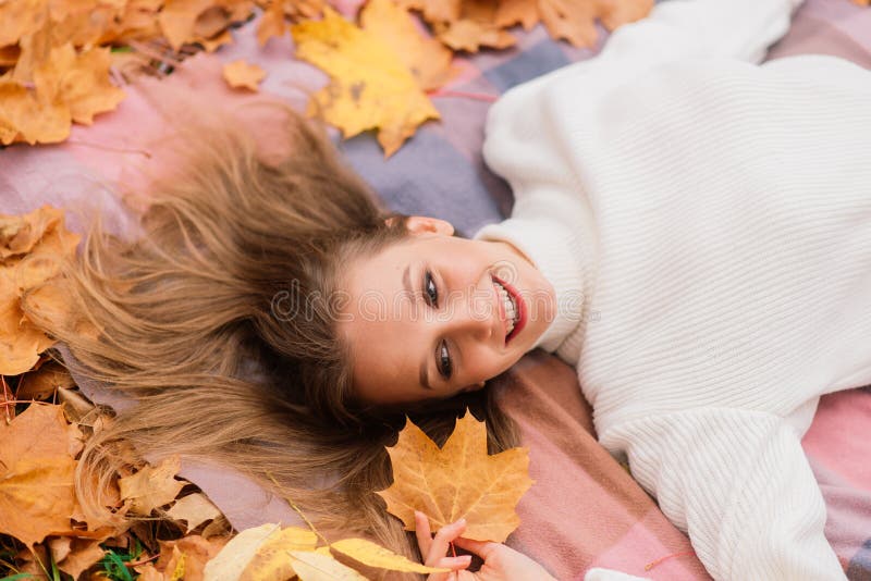 Season And People Concept Beautiful Young Woman With Autumn Maple