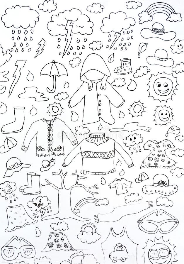 Season and Weather Doodle Outline Hand Drawing Stock Photo - Image of ...