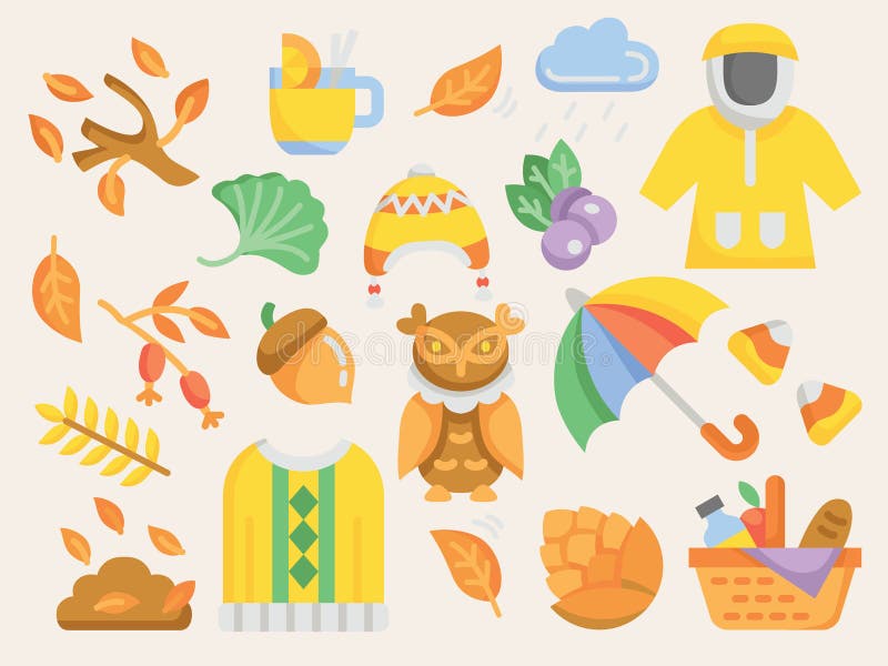 Seasonal Autumn Element Collection in Flat Style.Vector Illustration ...