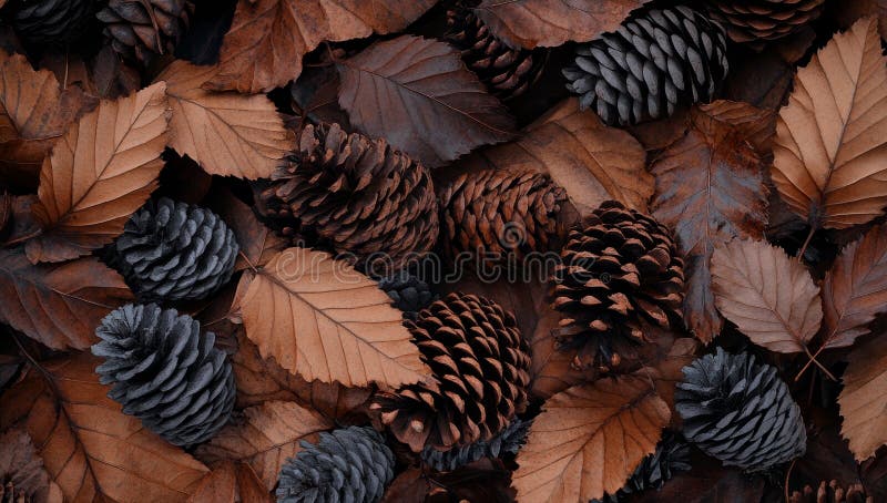 Seasonal Background of Fall Leaves Pine Twigs Pine Cones and Brown Pine ...