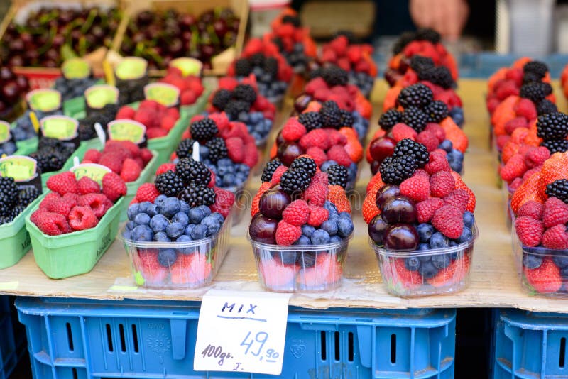 Seasonal Berries in Trays on the Market Stock Image - Image of closeup ...