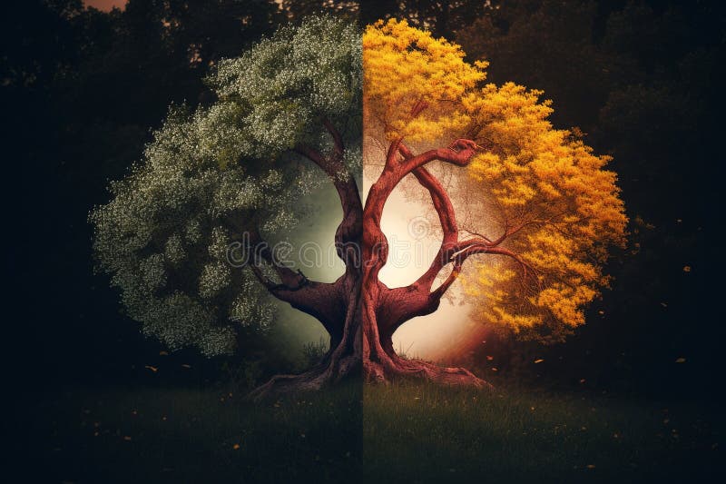 Seasonal Contrast - Half Winter, Half Autumn Tree Stock Illustration ...