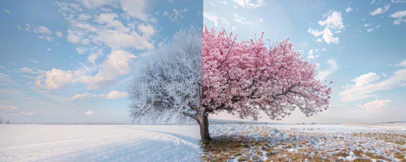 Seasonal Contrast with a Tree in Winter and Spring Stock Photo - Image ...